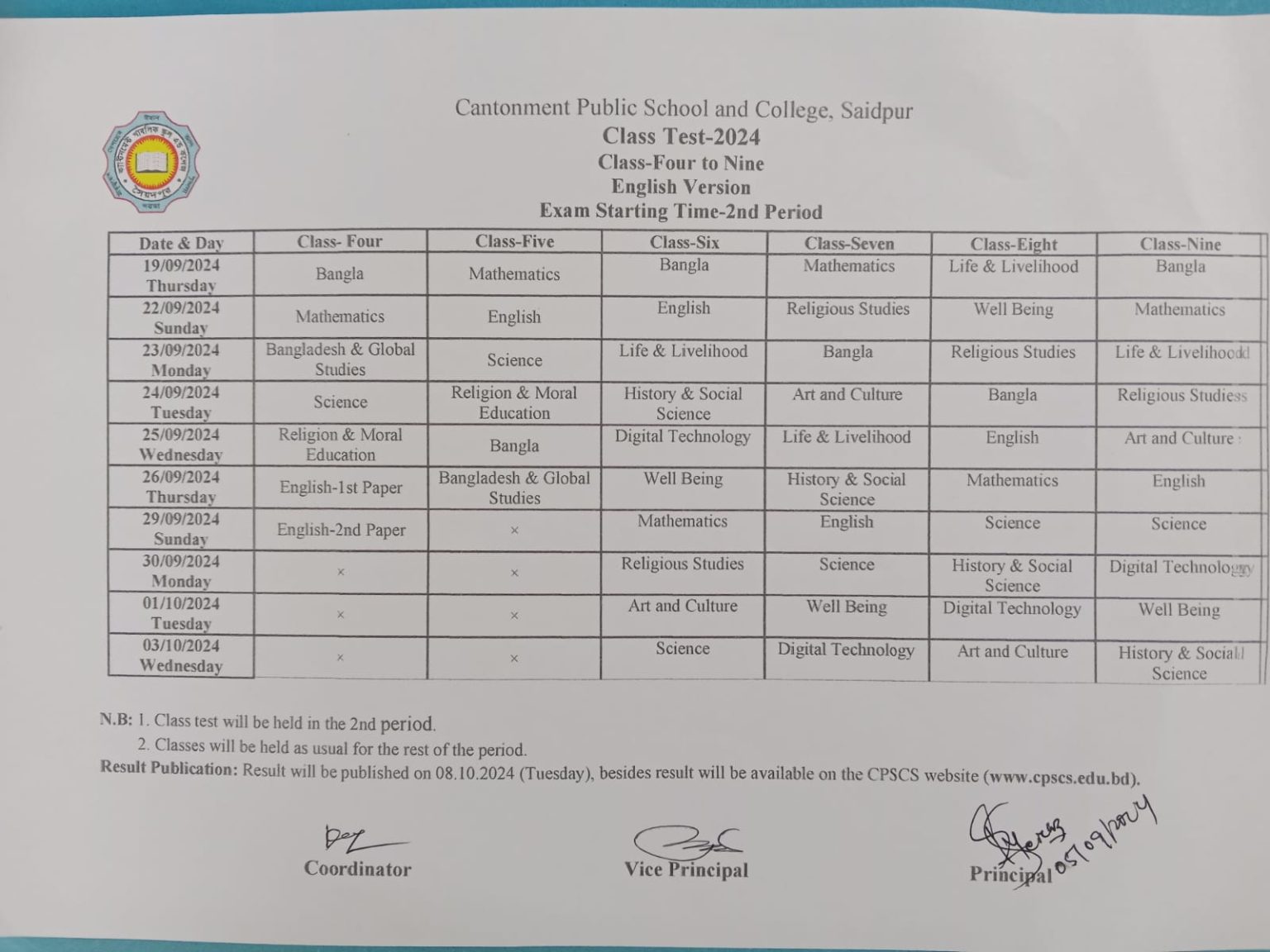 Exam Routine – CANTONMENT PUBLIC SCHOOL & COLLEGE SAIDPUR